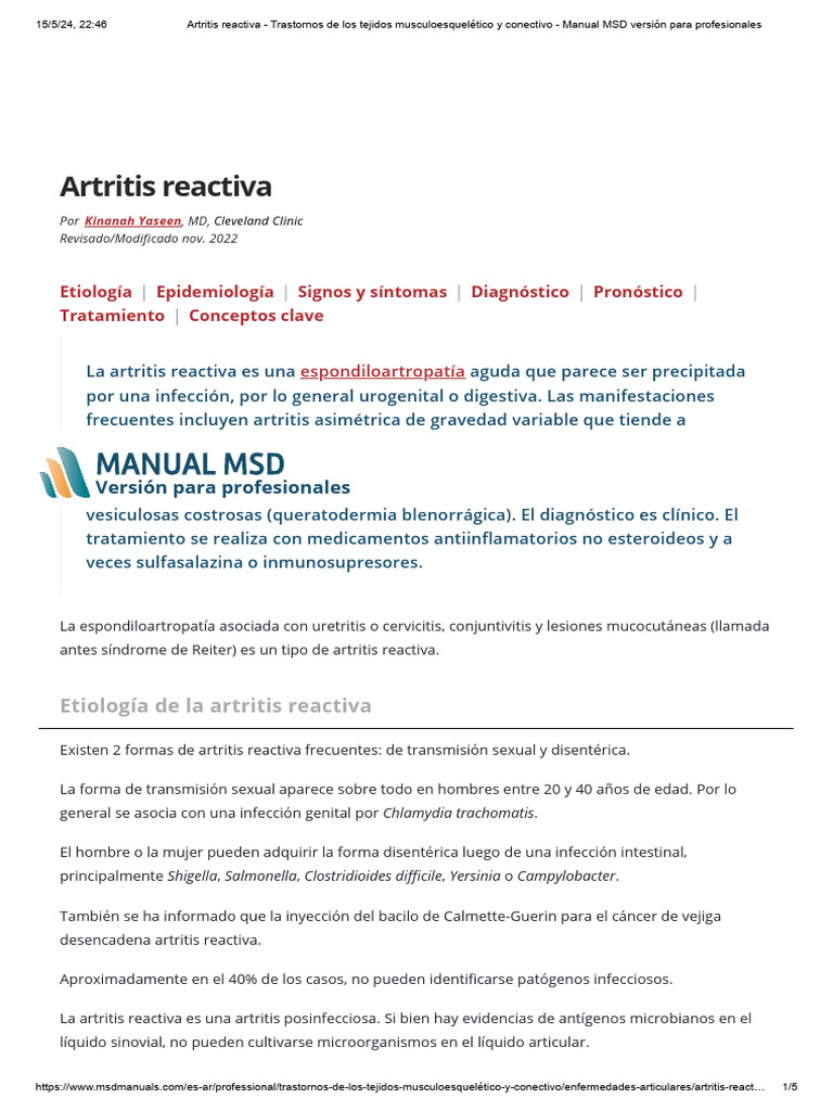 Artritis Reactiva - Trastornos de Los Tejidos Musculoesquelético y Conectivo - Manual MSD ...