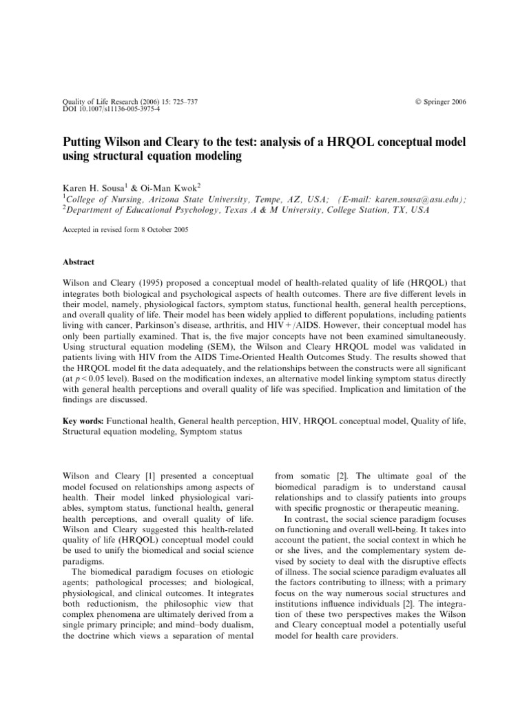 Putting Wilson and Cleary To The Test: Analysis of A HRQOL Conceptual ...