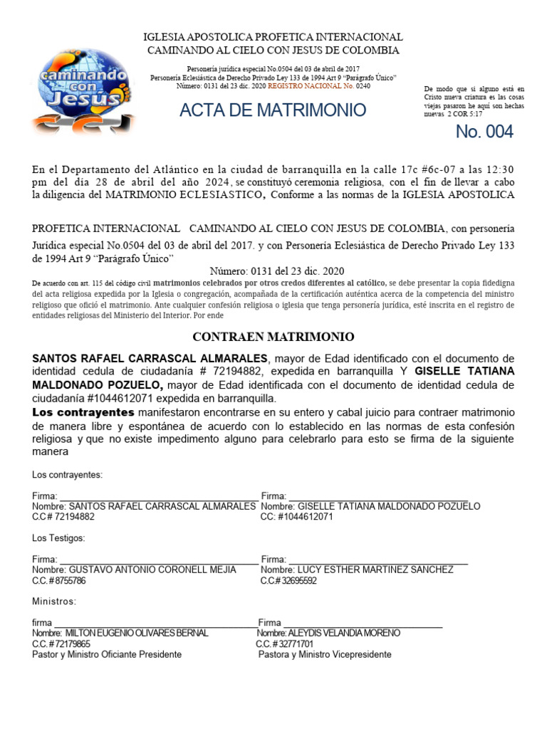 Acta de Matrimonio | PDF | Documento de identidad | Iglesia Católica