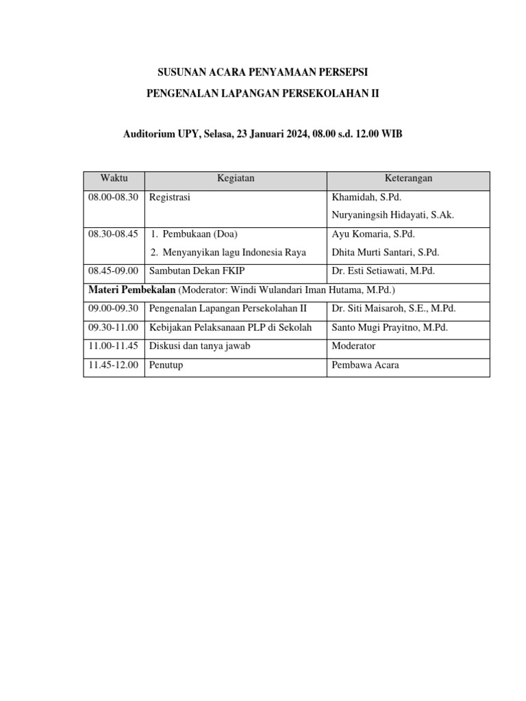 Susunan Acara Penyamaan Persepsi & Pembekalan PLP Ii Tahun 2024 | PDF