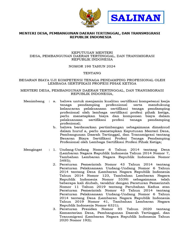 Salinan Keputusan Menteri Desa, PDT, Dan Transmigrasi Nomor 198 Tahun 2024 Tentang Besaran Biaya ...
