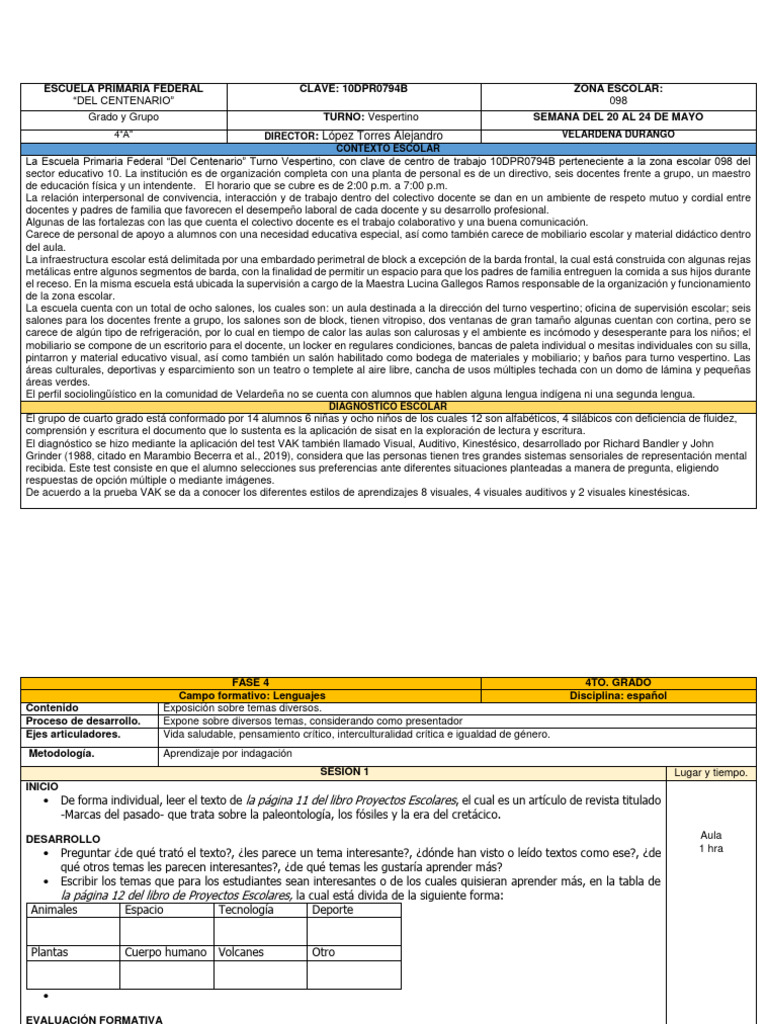 Planeación 4to. 20 Al 24 de Mayo | PDF | Evaluación | Salón de clases