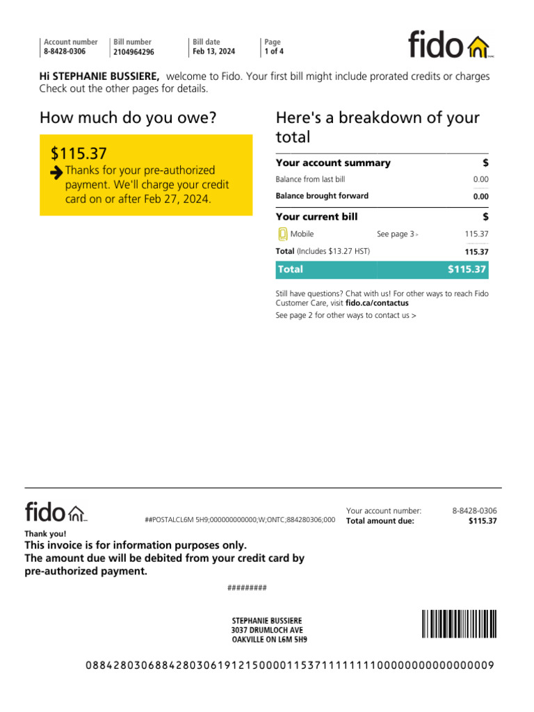 Fido Bill Summary for Stephanie | PDF | Payments | Credit Card
