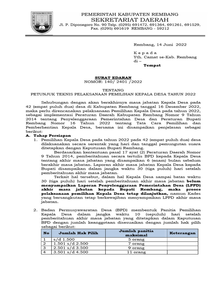 Surat Edaran Juknis Pilkades TH 2022 | PDF Surat Edaran Juknis Pilkades TH 2022 | PDF