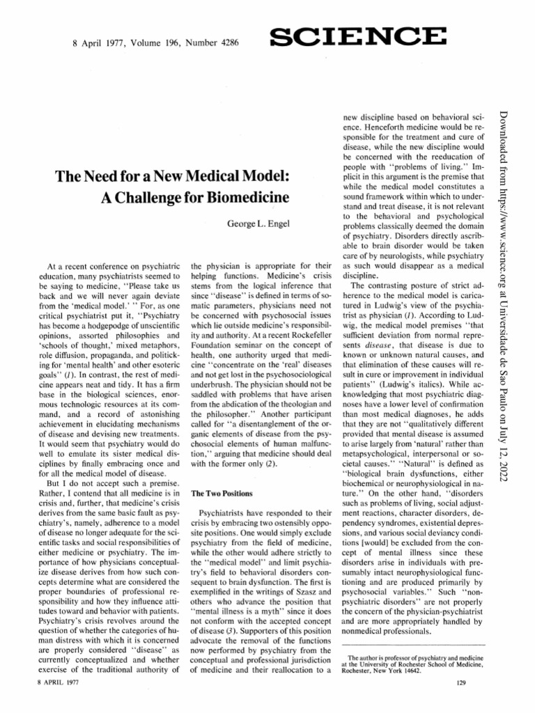 The Need For A New Medical Model - BioPsicoSocial - Engel | PDF ...