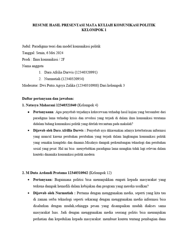 Resume Hasil Presentasi Mata Kuliah Komunikasi Politik Kelompok 1 | PDF