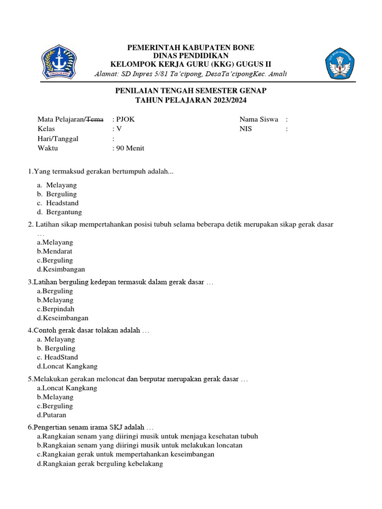 Penilaian Tengah Semester PJOK Kelas 5 | PDF