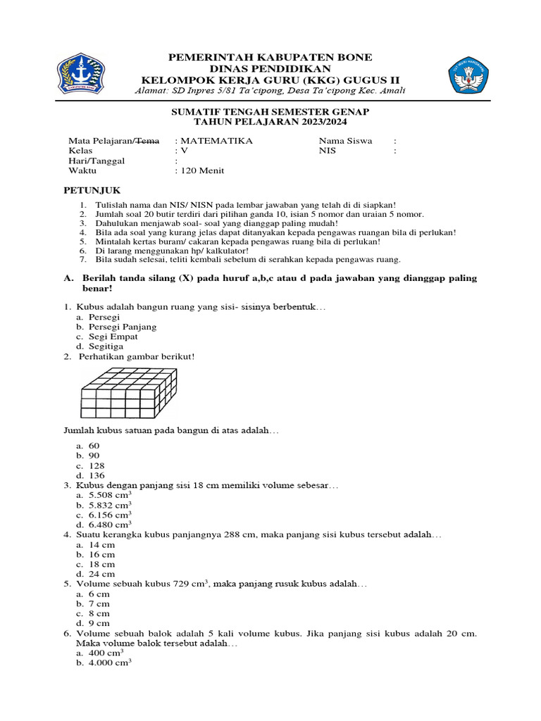 Soal PTS Kelas 5 Matematika - Genap 2024 | PDF | Griya & Taman