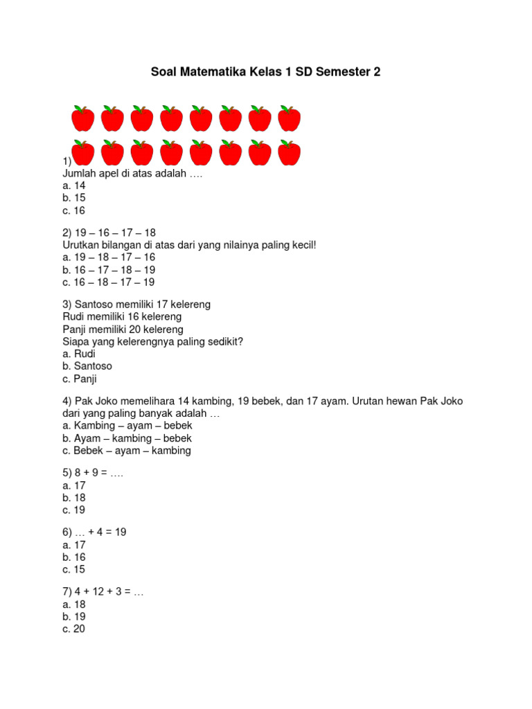 Soal Matematika Kelas 1 SD Semester 2 | PDF | Metode & Bahan Ajar