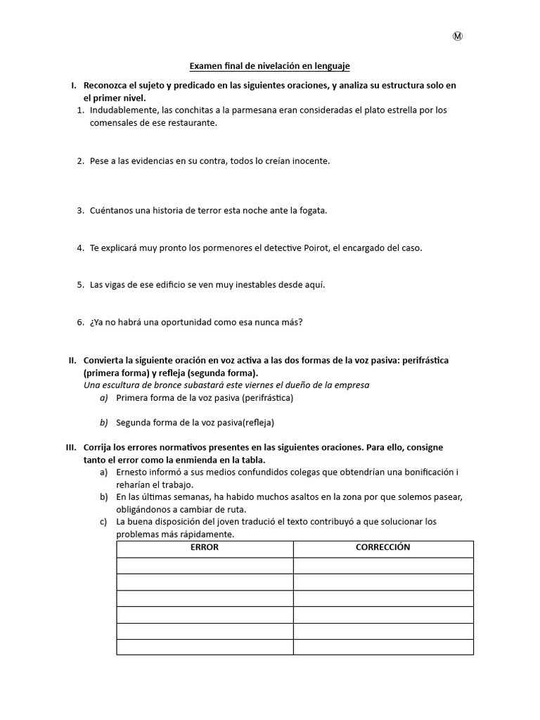 Examen de Lenguaje: Estructura y Corrección | PDF