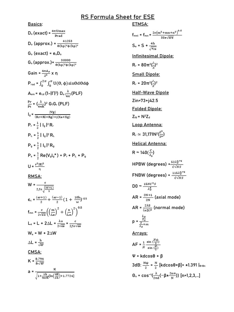 RS Formula Sheet For ESE (Final) | PDF | Physical Phenomena | Radio