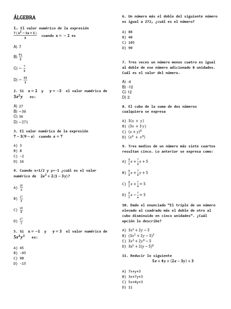 Ejercicios de Álgebra y Resolución de Expresiones | PDF