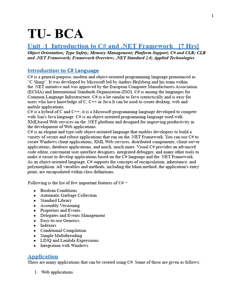 Unit 1 BCA | PDF | Method (Computer Programming) | C Sharp (Programming Language)