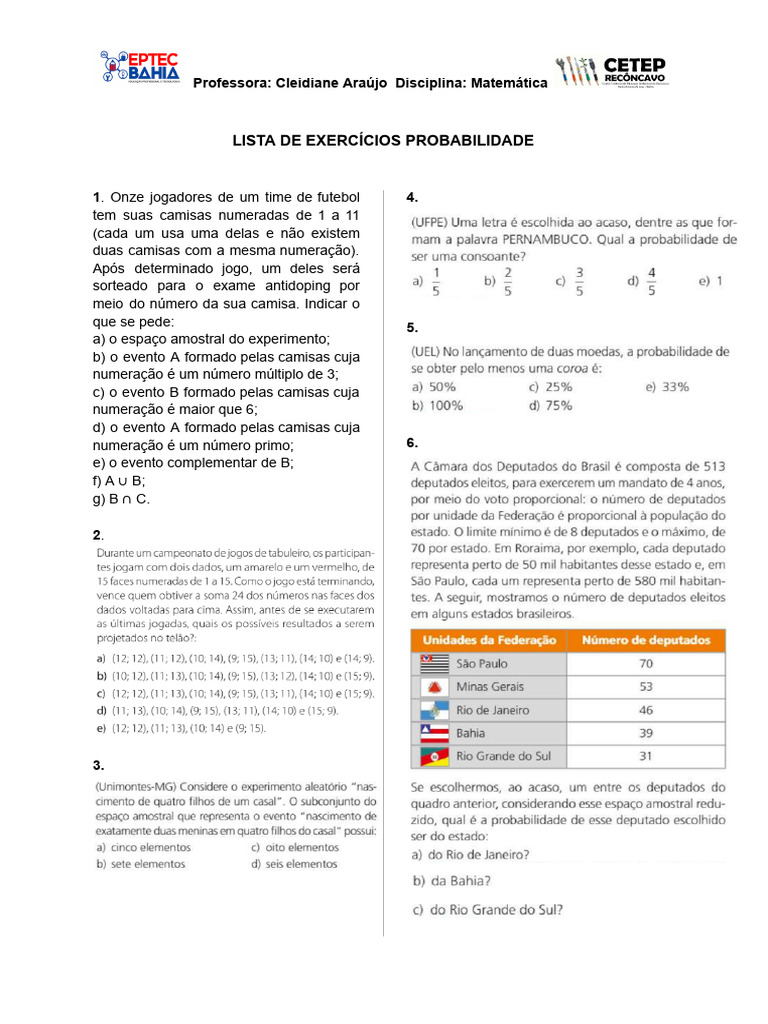 Lista de Exercícios Probabilidade | PDF | Probabilidade
