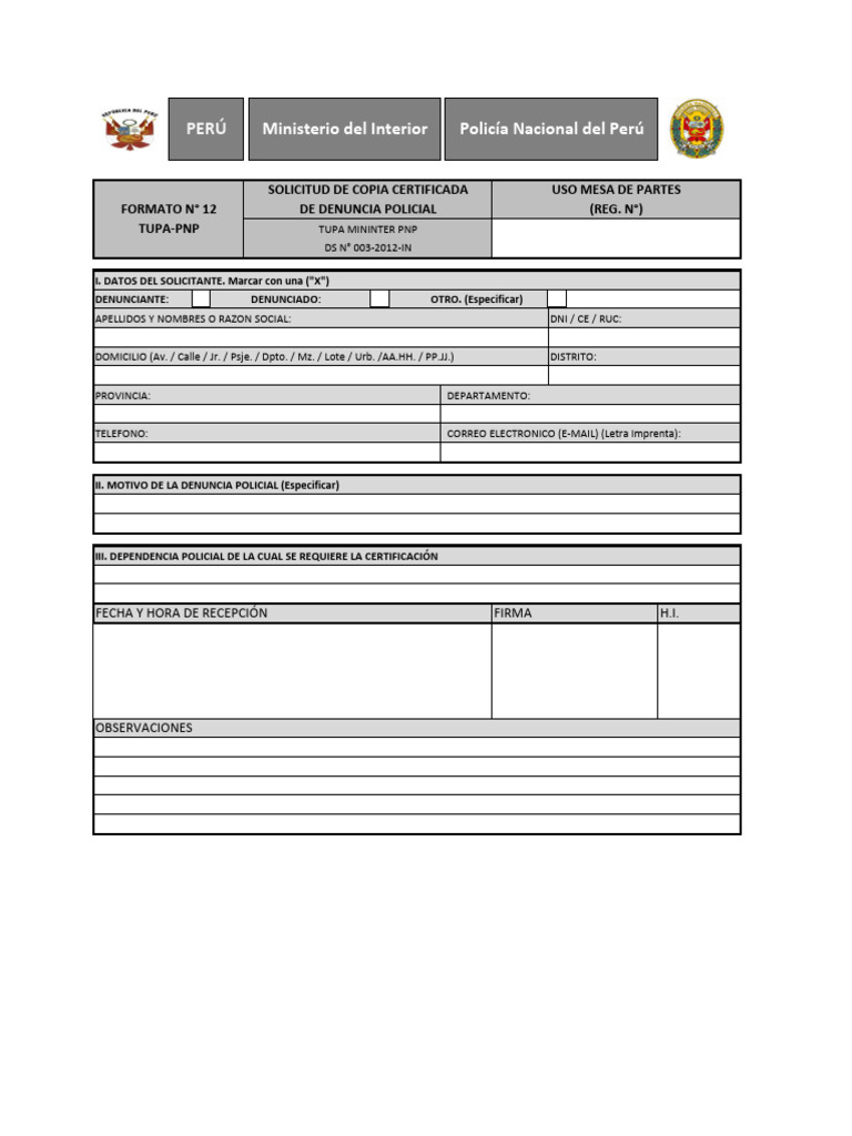 Denuncia Policial Solicitud Pdf