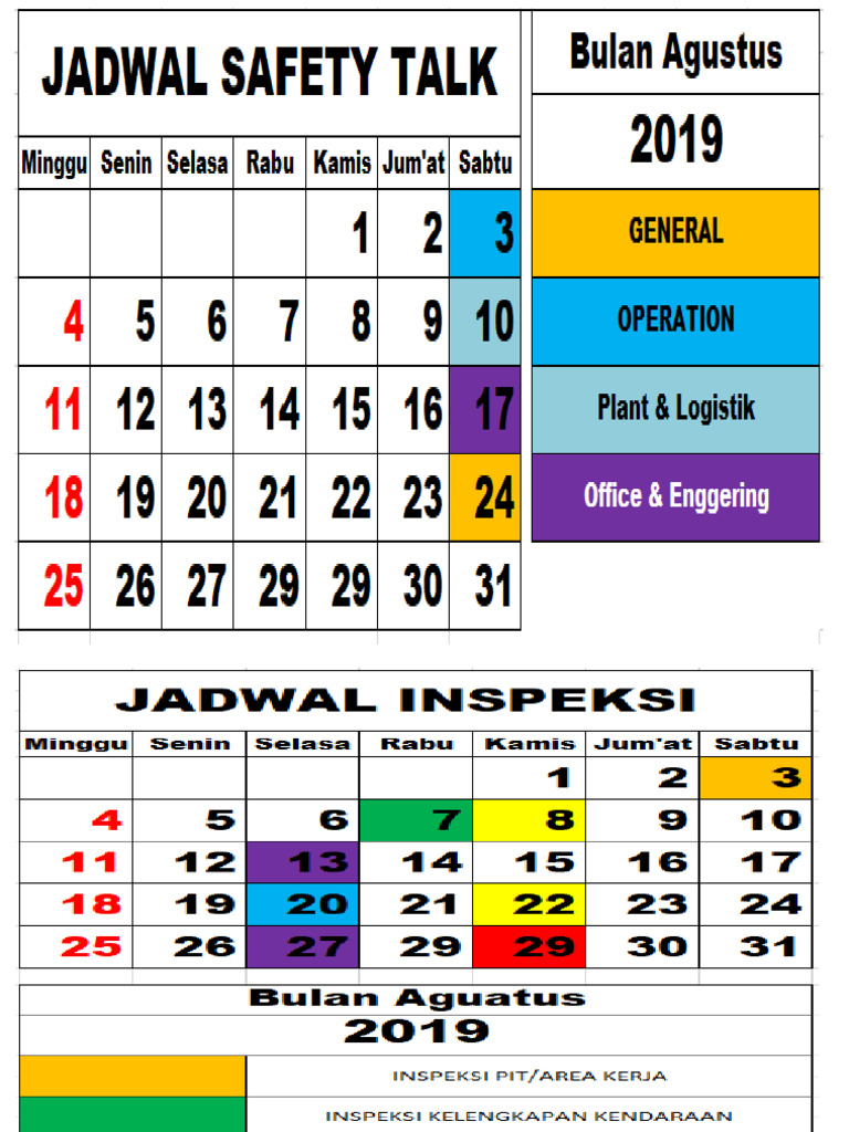 Jadwal Safety Talk Dan Inspeksi Bulan Agustus 2019 | PDF
