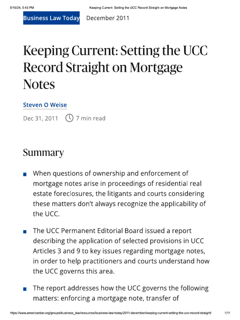 ABA Mortgage Follows Note Keeping Current Setting The Ucc Record ...
