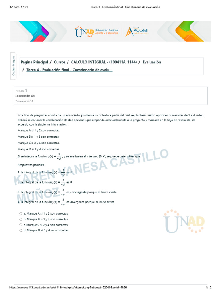 Post-Tarea - Evaluación Final POC - Cuestionario de Evaluaciónl Calculo | PDF | Integral ...