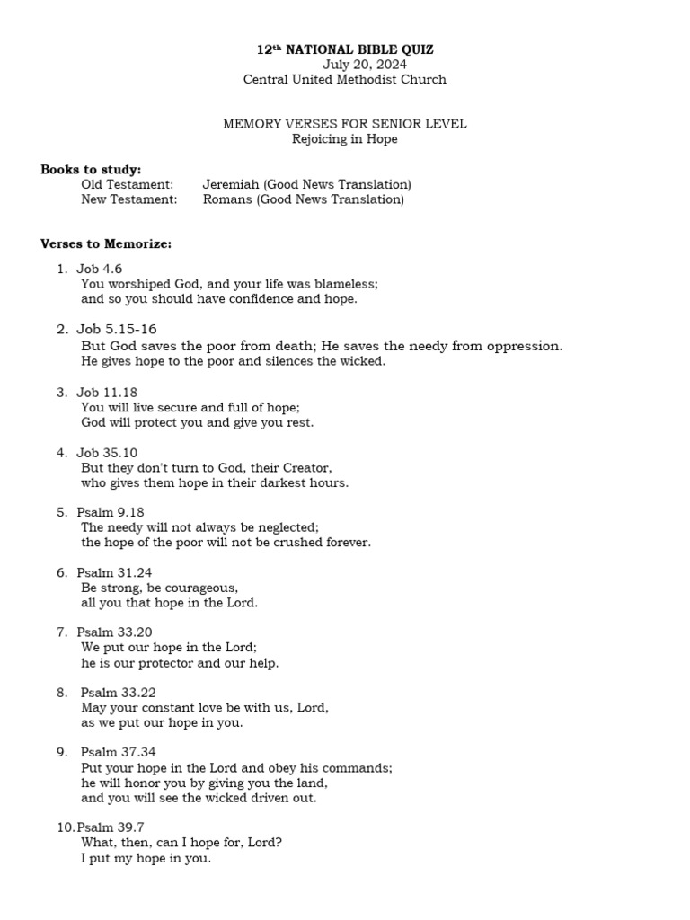 NBQ 2024 Seniors Memory Verses | PDF | Epistle To The Romans | Jesus