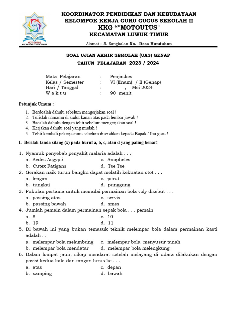 Soal UAS Penjaskes Kelas 6 | PDF