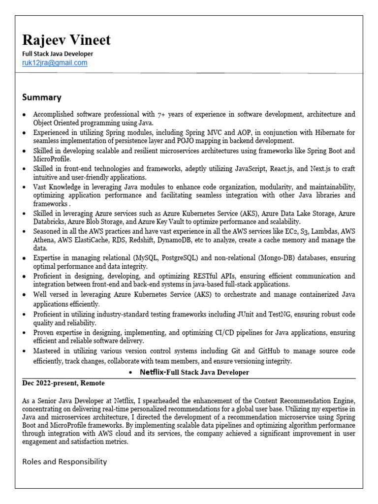 Rajeev Vineet - Full Stack Java Developer Resume | PDF | Microsoft Azure | Cloud Computing