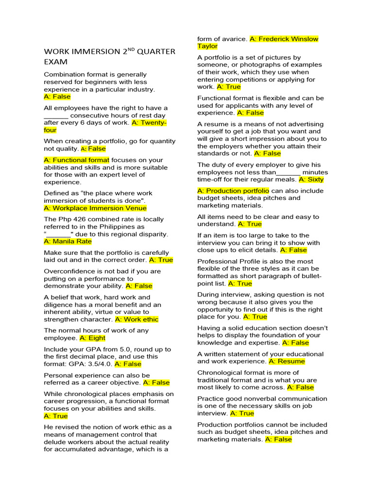 Work Immersion 2nd Quarter Exam Guide | PDF | Truth | Employment