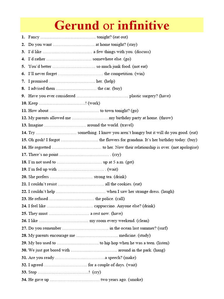 Gerund and Infinitive Practice Exercises | PDF