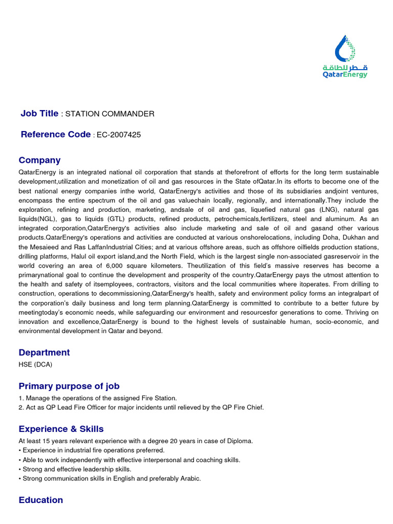 Station Commander Job at QatarEnergy | PDF | Natural Gas | Hydrocarbons