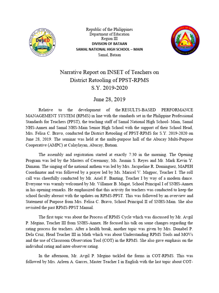 Narrative Report On INSET of Teachers On PPST | PDF | Behavior ...