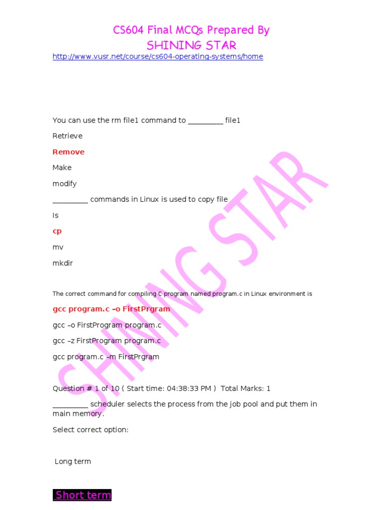 CS604 MCQs Solved Part 1 | PDF | Scheduling (Computing) | Operating System