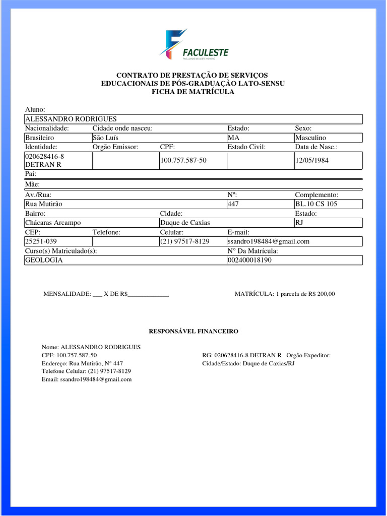 Contrato de Prestação de Serviços - Faculeste NOVO | PDF | Pós ...