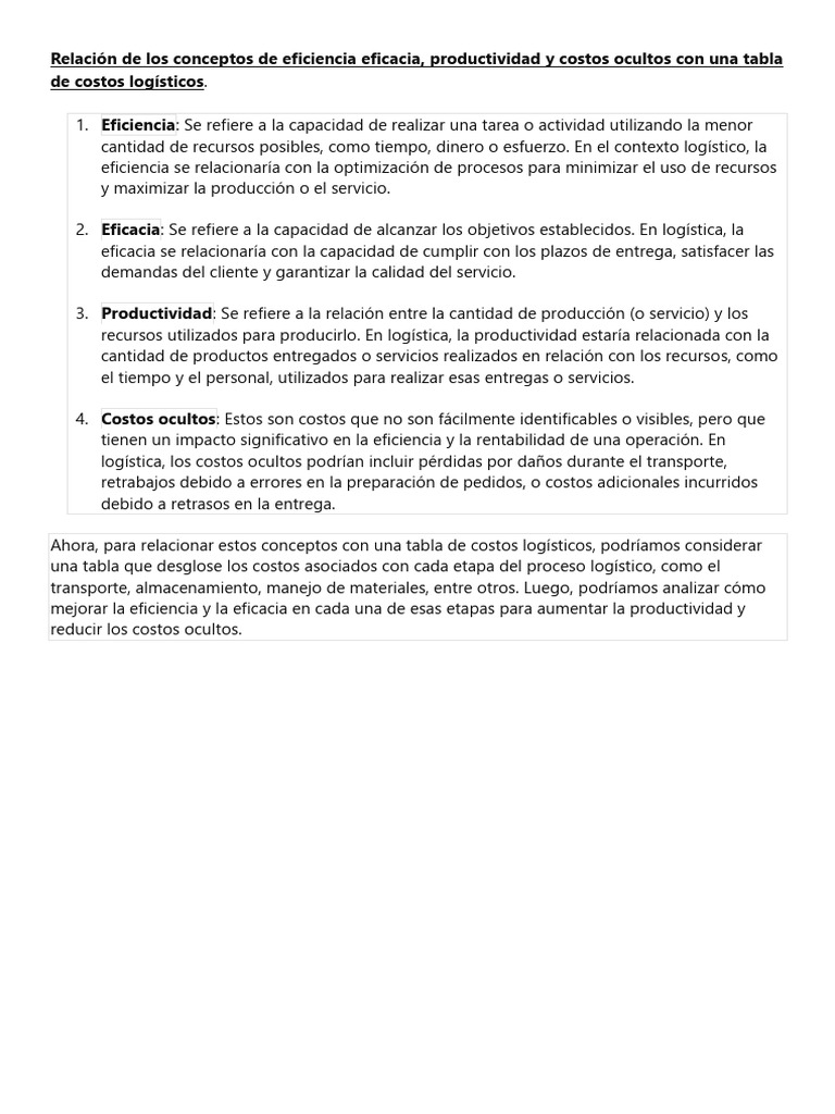 Conceptos de Costos Logisticos EV2 | PDF | Logística | Calidad (comercial)