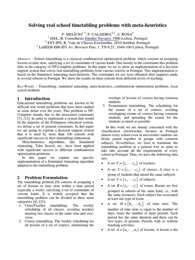Solving Real School Timetabling Problems Pdf Mathematical Optimization Applied Mathematics
