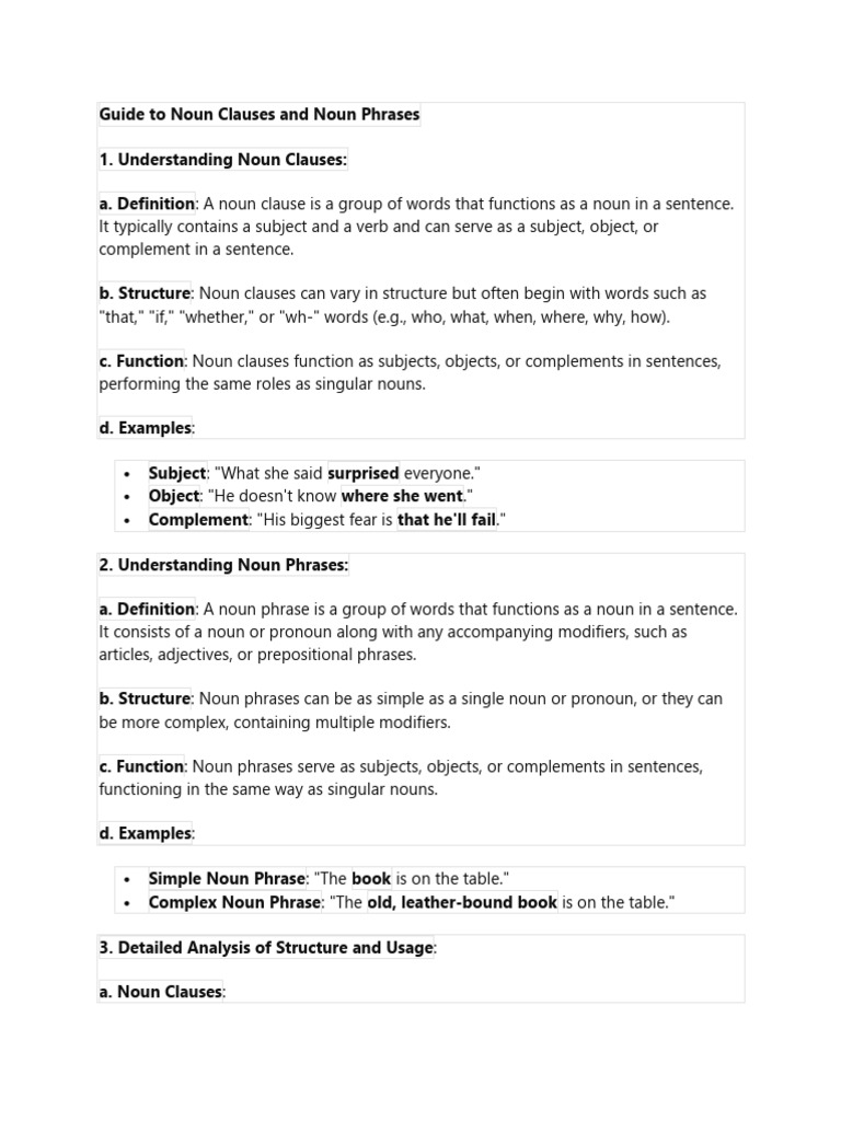 Guide To Noun Clauses and Noun Phrases | PDF | Noun | Clause Guide To Noun Clauses and Noun Phrases | PDF | Noun | Clause