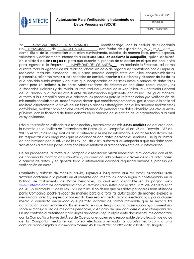 SINTECTO S-GO-FR-96 Autorización para Verificación de Datos Personales 1025524583 | PDF ...