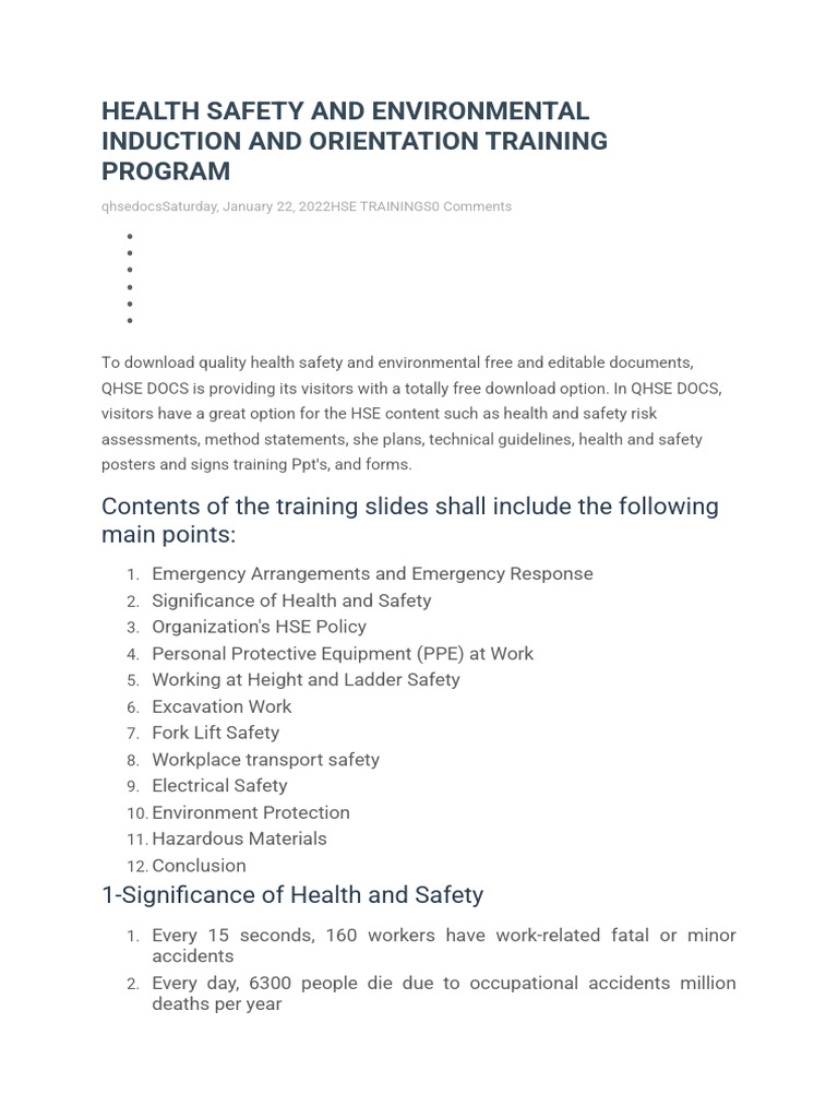 Health Safety and Environmental Induction and Orientation Training Program | Download Free PDF ...