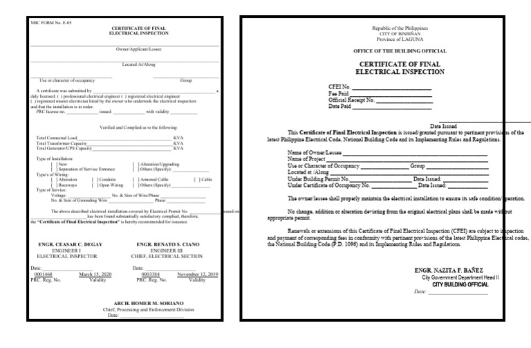Certificate of Final Electrical Inspection 0 | PDF | Electrical Wiring ...