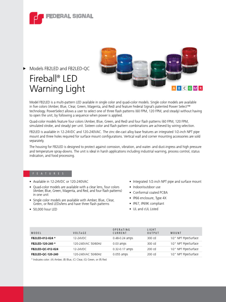 Fireball LEDLED-QC Warning Light Data Sheet | PDF | Light Emitting ...
