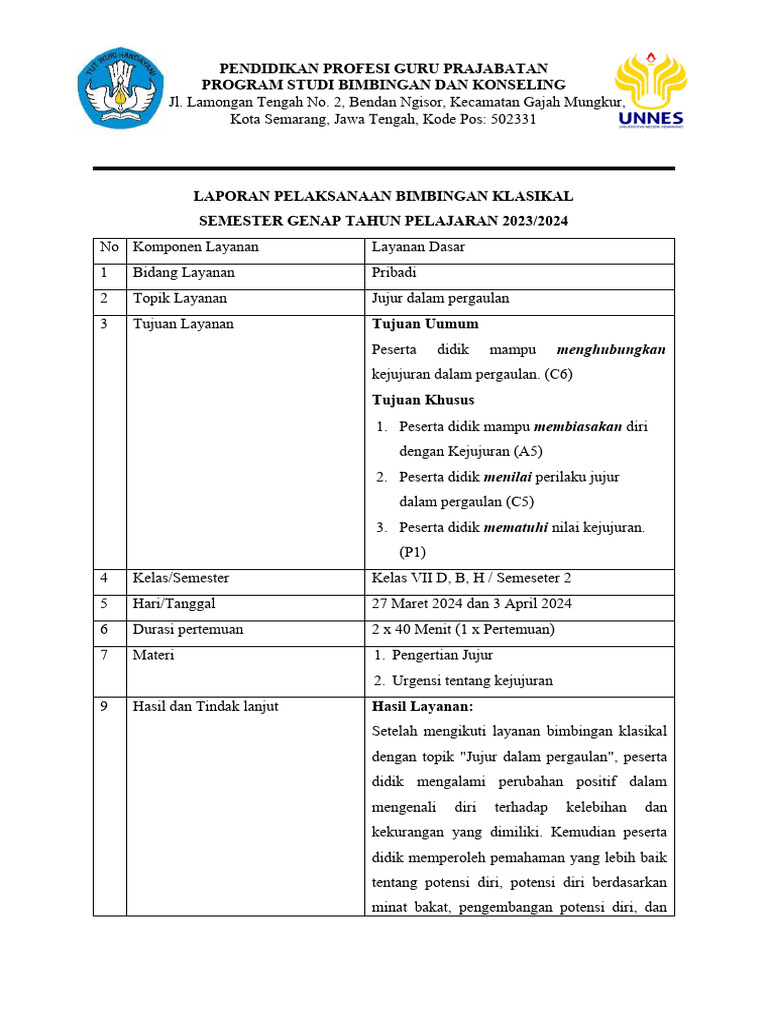 LAPORAN PELAKSANAAN BIMBINGAN KLASIKAL Pribadi | PDF