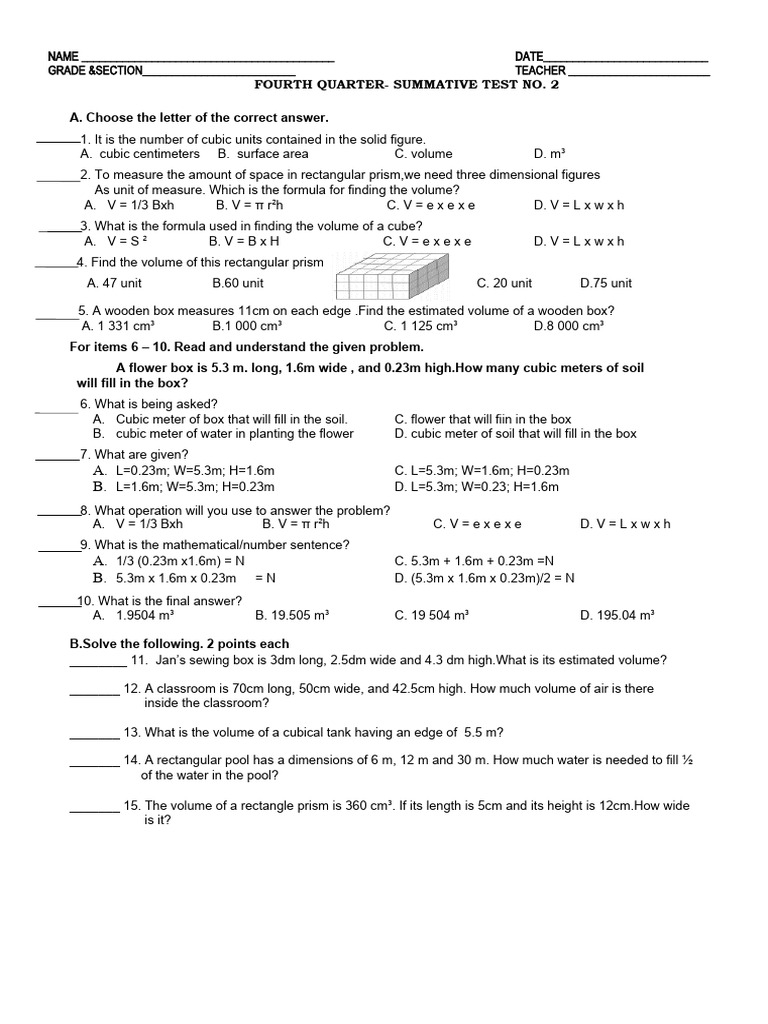 Grade 5 Volume Summative Test | PDF | Volume | Geometric Shapes