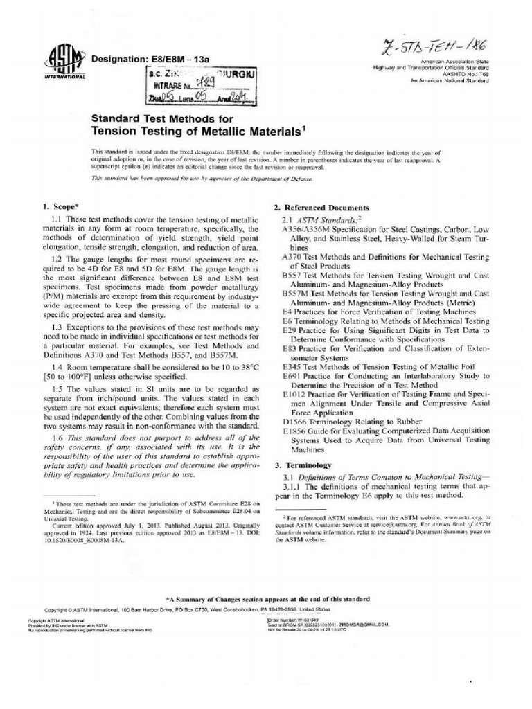 Astm E8 E8m 13a001 | PDF