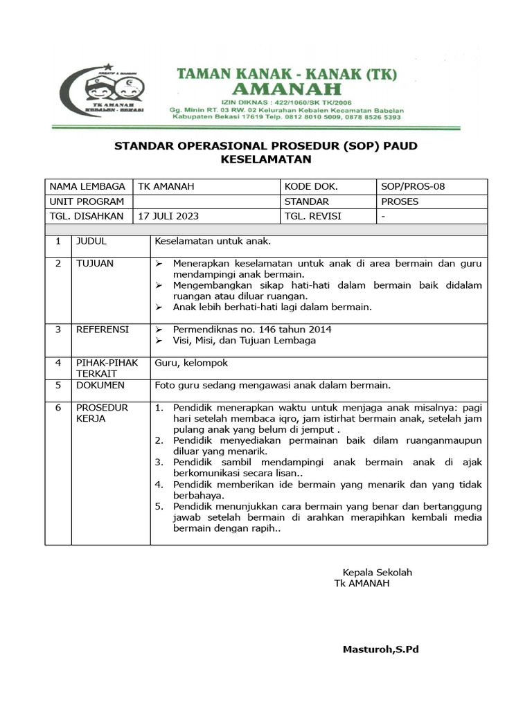 SOP Keselamatan PAUD Amanah | PDF | Sains & Matematika