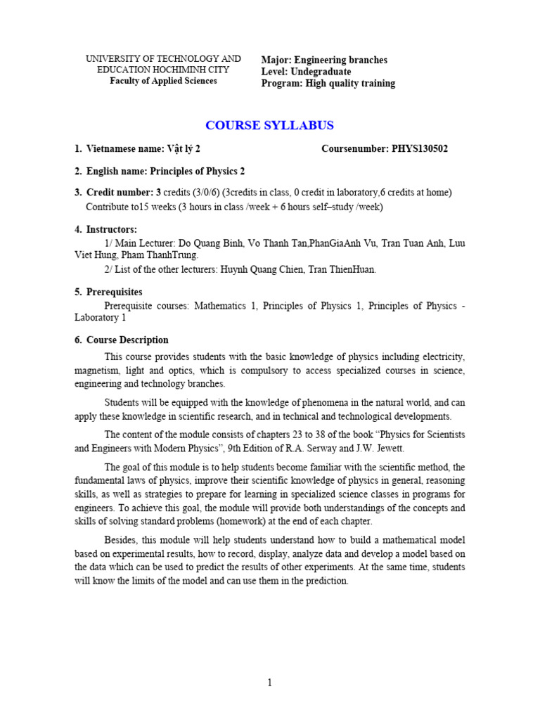 Phys2 Syllabus | PDF | Electromagnetic Induction | Magnetic Field