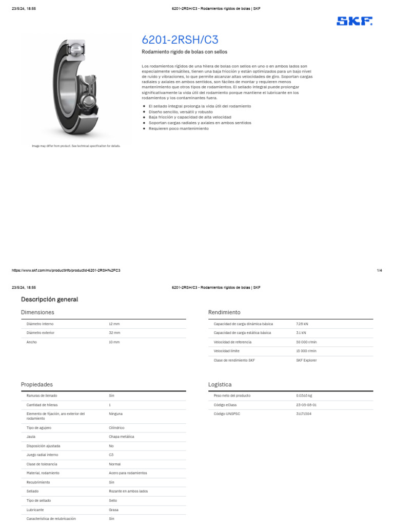6201-2RSH - C3 - Rodamientos Rígidos de Bolas - SKF | PDF