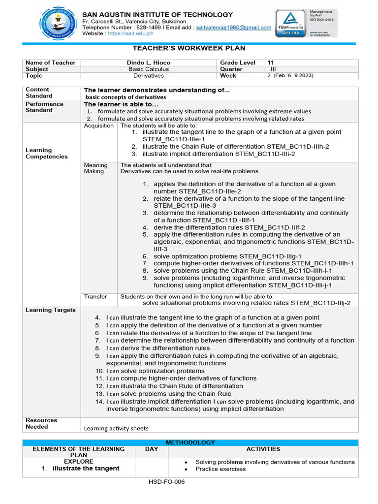 2nd Week Weekly Learning Plan 3rd Quarter Basic Cal | PDF | Derivative ...