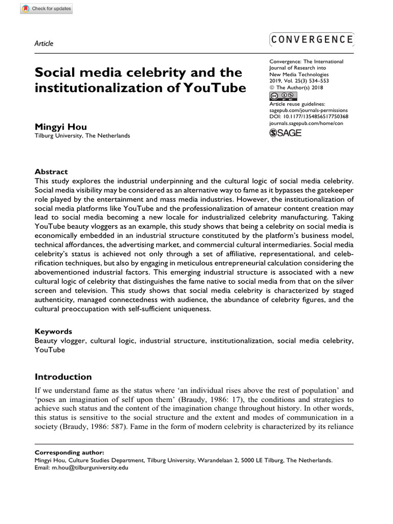 Social Media Celebrity and The Institutionalization of Youtube | PDF ...