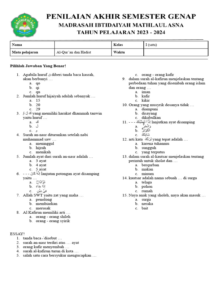 Soal Ulangan - Kelas 1 - Al-Quran Hadist | PDF