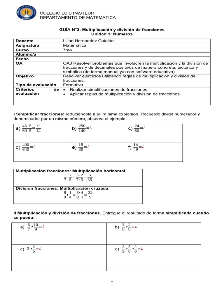 Guía 3, Matemática, 7mo Fracciones | PDF | Multiplicación | Matemáticas