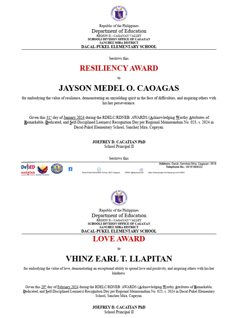 Project VITAL Certificates Rubrics and List of Awardees Template 1 ...