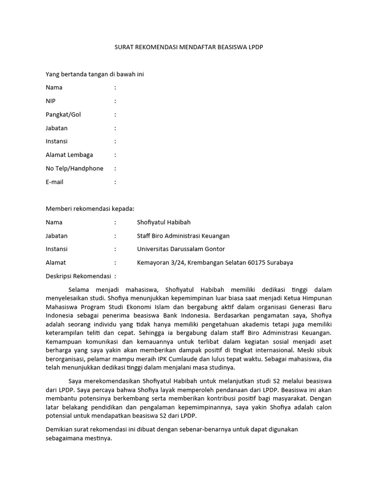 Rekomendasi Beasiswa LPDP Shofiyatul | PDF